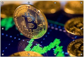 Wallario Outdoor-Poster f&uuml;r Garten oder Balkon Bitcoin im Marktgeschehen, Motivbanner Gr&ouml;&szlig;e: ca. 80 x 120 cm, Outdoor-Bild