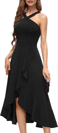 Bbonlinedress Abendkleider elegant f&uuml;r Hochzeit Herbstkleid Damen lang Strandkleid Neckholder festliches Kleid High Low Party Cocktailkleid Black 2XL