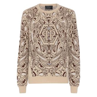 Philipp Plein Homme, Pulls, Beige, Taille: 3XL Cashmere & Silk Pullover Round Neck LS Paisley Bandana