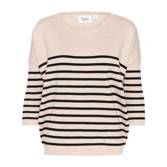 Saint Tropez Gestreifter Oversized Strickpullover - - Knitwear - Damen - Beige - XL
