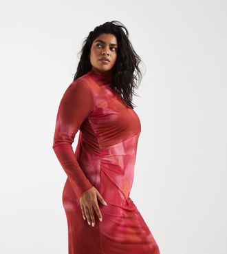 Vero Moda Curve Lang&auml;rmliges, flie&szlig;endes Netzstoff-Maxikleid mit Marmormuster in Rosa und Orange