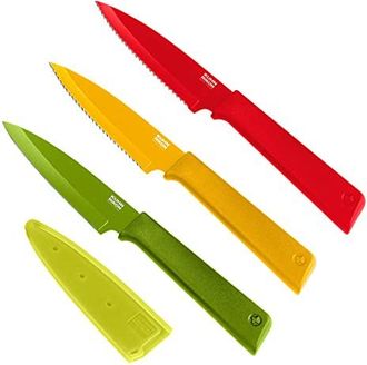 Kuhn Rikon COLORI+ Set Messer Prep gross, 3-teilig, 1x Rüstmesser gerade Klinge, 2x Rüstmesser gezackte Klingen, Edelstahl, mit Klingenschutz, antihaftbeschichte