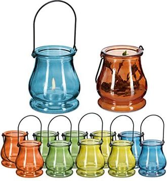 Relaxdays Windlicht, 12er Set, aus Glas, Henkel zum Aufh&auml;ngen, innen & au&szlig;en, Teelichthalter, HxD 10x8,5 cm, Mehrfarbig