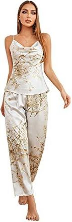 Generic Ensemble pyjama floral pour femme - Chemise de nuit en satin - Imprimé floral - Loungwear - Loisirs, gris, XL