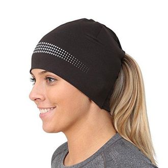 TrailHeads aux Femmes Chapeau Ponytail - S&eacute;rie Adrenaline Run Beanie avec des Accents r&eacute;fl&eacute;chissants Noir/r&eacute;flexion