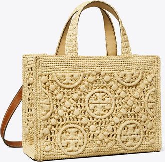 Tory Burch Damen Tote Bag aus Raffiabast mit T-Monogramm und Tragegriff oben