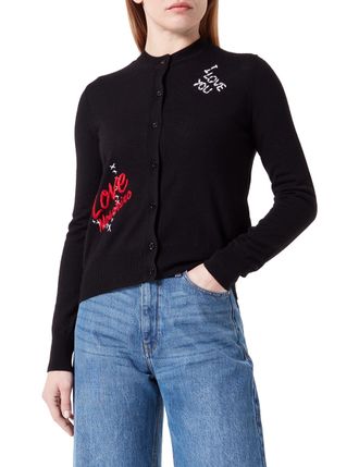 Love Moschino regular fit long-sleeved cardigan in wool blend, 12 gauge, with mix of embroidery on the front