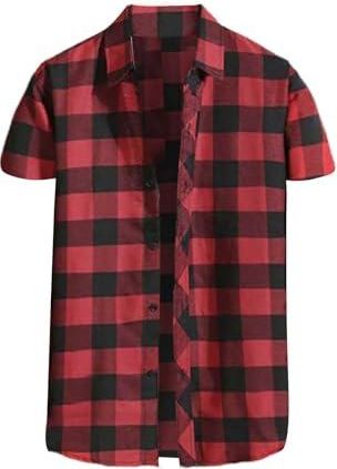 Generic Chemise &agrave; manches courtes pour homme, chemise &agrave; carreaux grande taille, chemise d&eacute;t&eacute; l&eacute;g&egrave;re, haut &agrave; carreaux &agrave; revers respirant, haut boutonn&eacute; r&eacute;tro, 
