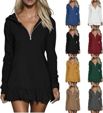 Generic Mini robe chandail &agrave; capuche avec fermeture &eacute;clair quart de col en V pour femme, style r&eacute;tro, surdimensionn&eacute;, ourlet &agrave; volants, tendance, d&eacute;contract&eacute;,
