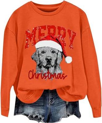 Generic Pull de Noël pour femme - Imprimé chien mignon - Sweat-shirt de Noël personnalisé à manches longues et col rond pour femme, Sweatshirt orange surdimen