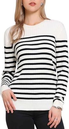 Allegra K Pull Ray&eacute; Femme &agrave; &Eacute;paules Tombantes, Haut Tricot&eacute; &agrave; Col Ras du Cou et Manches Longues, Blocs de Couleurs Blanc Noir M