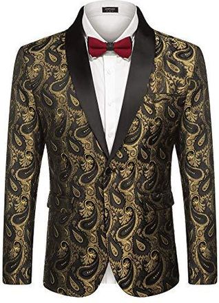 Coofandy Coofandy Mens Floral Tuxedo Jacket Paisley Shawl Lapel Suit Blazer Jacket for Dinner,Prom,Wedding Golden