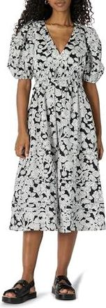 Amazon Essentials Robe Midi Manches Bouffantes en Satin De Coton Coupe Classique Femme, Noir Ivoire Folk Floral, XL