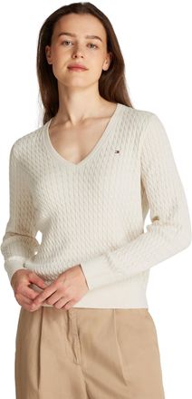 Tommy Hilfiger Damen Co Cable Fine Gg V-Nk Ls SWT Ww0Ww44987 Pullover, BEIGE (Heather Ivory Petal), M