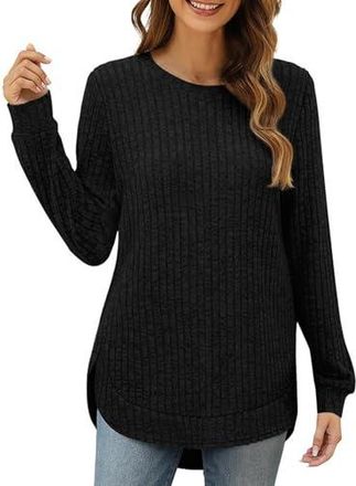 Generic Pull dhiver chaud pour femme - Haut de No&euml;l tricot&eacute; 2025 - Automne et hiver - Col rond ample - Ourlet incurv&eacute; haut et bas - Pull fin pour femme, Noir,