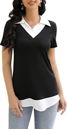 KOJOOIN Chemisier pour femme avec col de chemise, manches longues, bloc de couleur, col en V, emballage réutilisable, Noir 2, M