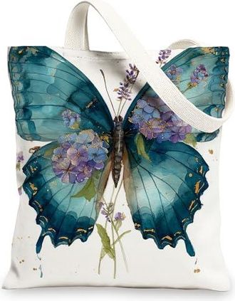 Generic Sac fourre-tout en toile motif papillon, imprimé floral artistique, sacs à provisions respectueux de lenvironnement, vintage, botanique, léger, lavabl