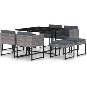 vidaXL 9-tlg. Garten-Essgruppe mit Kissen Poly Rattan Grau - Vidaxl