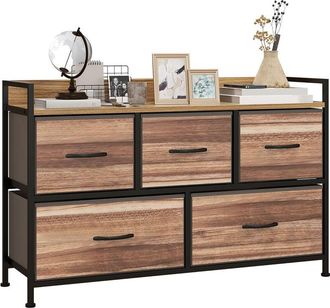 HOMCOM Homcom - Commode 5 tiroirs et étagère - dim. 98L x 29l x 63H cm - châssis piètement métal noir tiroirs non tissés façades aspect bois