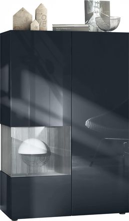 Vladon Vitrine Morena V2, Made in Germany, Standvitrine mit 2 Türen und Glaseinsatz, Korpus Schwarz matt, Fronten Schwarz Hochglanz, Cube Avola-Anthrazit (91