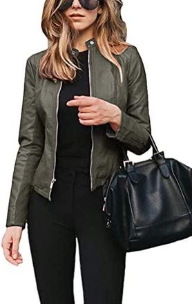 Onsoyours Femme Veste en Cuir PU Vintage Bombers Moto Blouson Manteau Simili Cuir Biker Jacket Zippé Chaud Casual A Armée Verte XXL