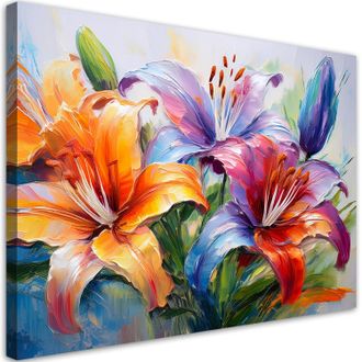 Feeby Bild auf Leinwand - Wandbilder Wohnzimmer Aesthetic - Lilien Blumen Bunt Gemalt - 120x80 cm XXL 1tlg - Schlafzimmer Wandekoration - Bilder Zimmer - Li