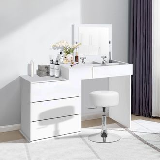 ML Design ML-Design Schminktisch mit Hocker und Spiegel, Frisiertisch mit 4 Schubladen und 4 F&auml;chern, Wei&szlig;, 117,5x78x45 cm, modern, Kosmetiktisch f&uuml;r Damen & M&auml;