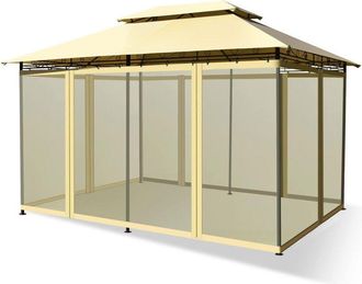 Costway Costway - Tonnelle de Jardin Pergola 3,9 x 2,9 x 2,7 m Moustiquaires Amovibles 6 Parois Structure Acier Auvent Tissu Polyester Havane