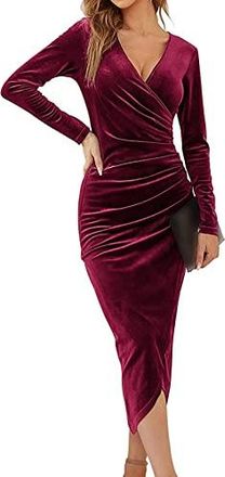 Generic Robe formelle &agrave; manches longues en velours pour femme - Couleur unie, Rouge, XL