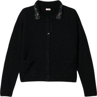 Oltre Femme, Pulls, Noir, Taille: 44 FR Cardigan en laine m&eacute;lang&eacute;e avec pierres