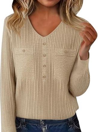 Generic Pull pour femme - Col en V - Fente sur le devant - Bouton - Coupe ajust&eacute;e - Haut en tricot &agrave; manches longues - Doux et confortable - &Eacute;l&eacute;gant chemisier