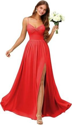 Generic Robe de demoiselle dhonneur en mousseline de soie plissée avec col en V et bretelles spaghetti avec fente, Rouge, 44