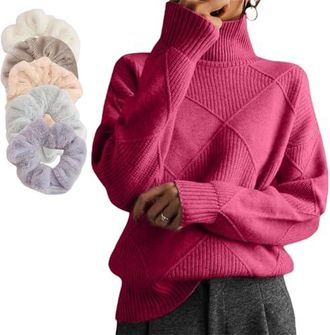 Generic Pull tricoté à col roulé à motif losanges pour femme, pull à manches longues pour automne, coupe ajustée, pull surdimensionné, rose rouge, XXL