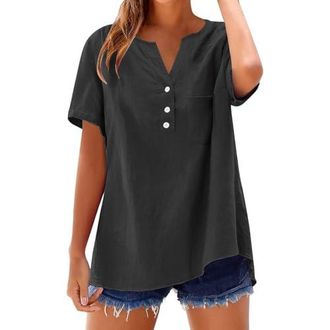 Generic T-shirt pour femme en coton d&eacute;t&eacute; : chemisier couleur unie V : col chemise &agrave; manches courtes l&eacute;ger et a&eacute;r&eacute; chemisier daffaires avec poche hauts hauts a
