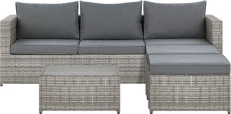 Beliani Linksseitiges Lounge Set Polyrattan grau 2 Ottomanen Auflagen Couchtisch Sabbia