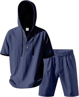 Generic Ensemble d&eacute;t&eacute; 2 pi&egrave;ces en lin pour homme, manches courtes et shorts, confortable de couleur unie, chemise &agrave; capuche, polyvalente, ample, chemise l&eacute;g&egrave;r
