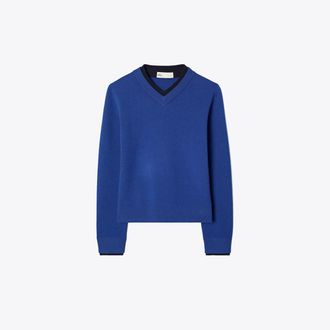 Tory Burch Wollpullover mit V-Ausschnitt und Doppelkragen