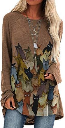 ORANDESIGNE T-Shirt Femmes Dessin Animé Chat Imprimé Col Rond à Manches Longues Hauts Longs pour Femmes Mode Lâche Impression Numérique Haut A Marron XXL
