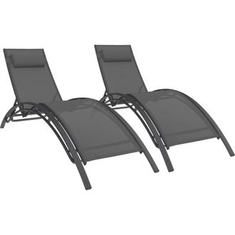 IDMarket Satz von 2 neigbaren Gartenliegen aus Stahl HAVANE graue Leinwand mit Kissen