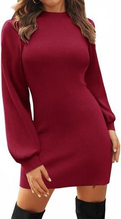 Zeagoo Robe Pull Femme élégante Robe Tricoté Manches Lanternes Col Roulé Mini Robe Moulante Automne et Hiver