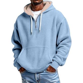 Generic Sweat &agrave; capuche pour homme avec fermeture &eacute;clair 1/4 - Confortable - Manches longues - Pull dext&eacute;rieur - Couleur unie - Pull en tricot - Haut d&eacute;contra