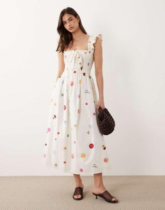 Nobody's Child Christina - Robe mi-longue en coton &agrave; fleurs avec corsage fronc&eacute; et manches &eacute;vas&eacute;es - Blanc