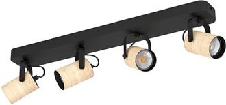 Eglo LED Deckenstrahler Cayuca, 4-flammige Deckenlampe mit schwenkbaren Spots, Deckenleuchte aus Holz in Natur und Metall in Schwarz, Deckenspot warmweiß