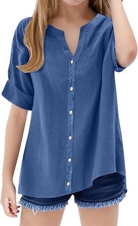 Generic Chemisier à manches courtes pour filles - T-shirt dété décontracté à col en V - Mélange de coton et de lin - Haut boutonné tendance et respirant - Lég