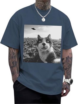 Generic T-shirts surdimensionn&eacute;s pour homme | Col rond imprim&eacute; chat - T-shirts graphiques en coton &agrave; manches courtes | Hauts basiques d&eacute;t&eacute; | pour l&eacute;cole, noir
