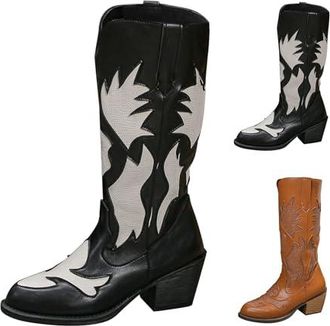 Generic Bottes de cowgirl pour femme - Bottes de cowboy vintage avec broderie florale - Bout pointu - Talon &eacute;pais - Bottes hautes classiques &agrave; enfiler, Noir, 