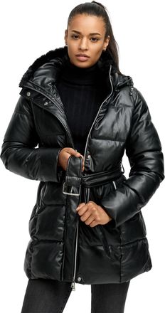 Tazzio Damen Steppmantel mit Kapuze - Lederoptik-Steppmantel mit Tailleng&uuml;rtel F802 (Schwarz, XL)