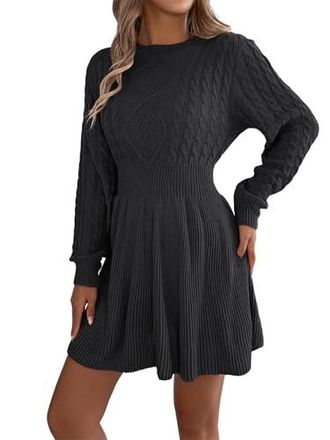 Generic Robe dautomne unie en tricot &agrave; taille courte cintr&eacute;e pour femme, col rond, manches longues, taille cintr&eacute;e, tenues tendance, Noir, XL