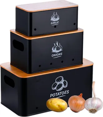 Relaxdays Aufbewahrungsbox 3er Set, Kartoffeln Zwiebeln Knoblauch, Gemüsebox Deckel, Vorratsdose Küche, Metall, schwarz