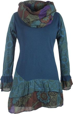 vishes Midikleid Langarm Mandala R&uuml;schen-Kleid mit Kapuzenschal Elfen, Boho, Goa Hippie Style